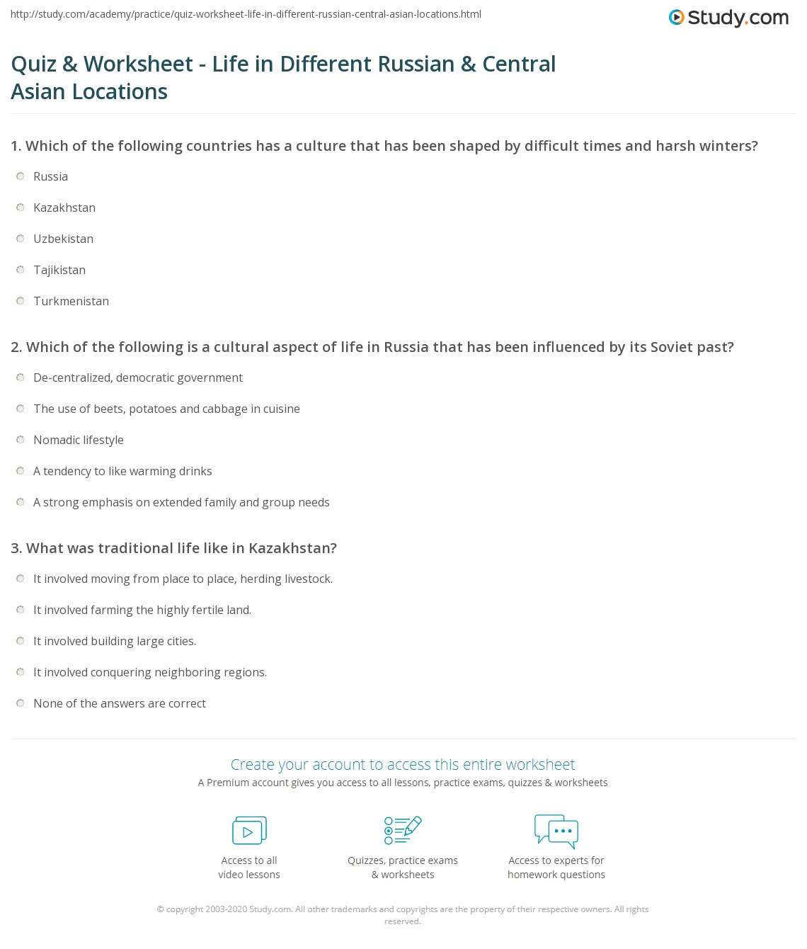 Quiz & Worksheet - Life in Different Russian & Central Asian Locations ...