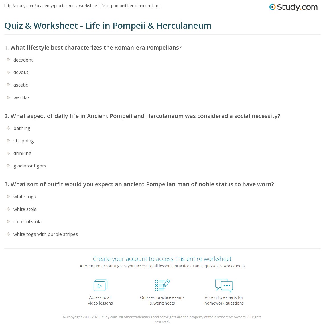 Quiz & Worksheet - Life in Pompeii & Herculaneum | Study.com
