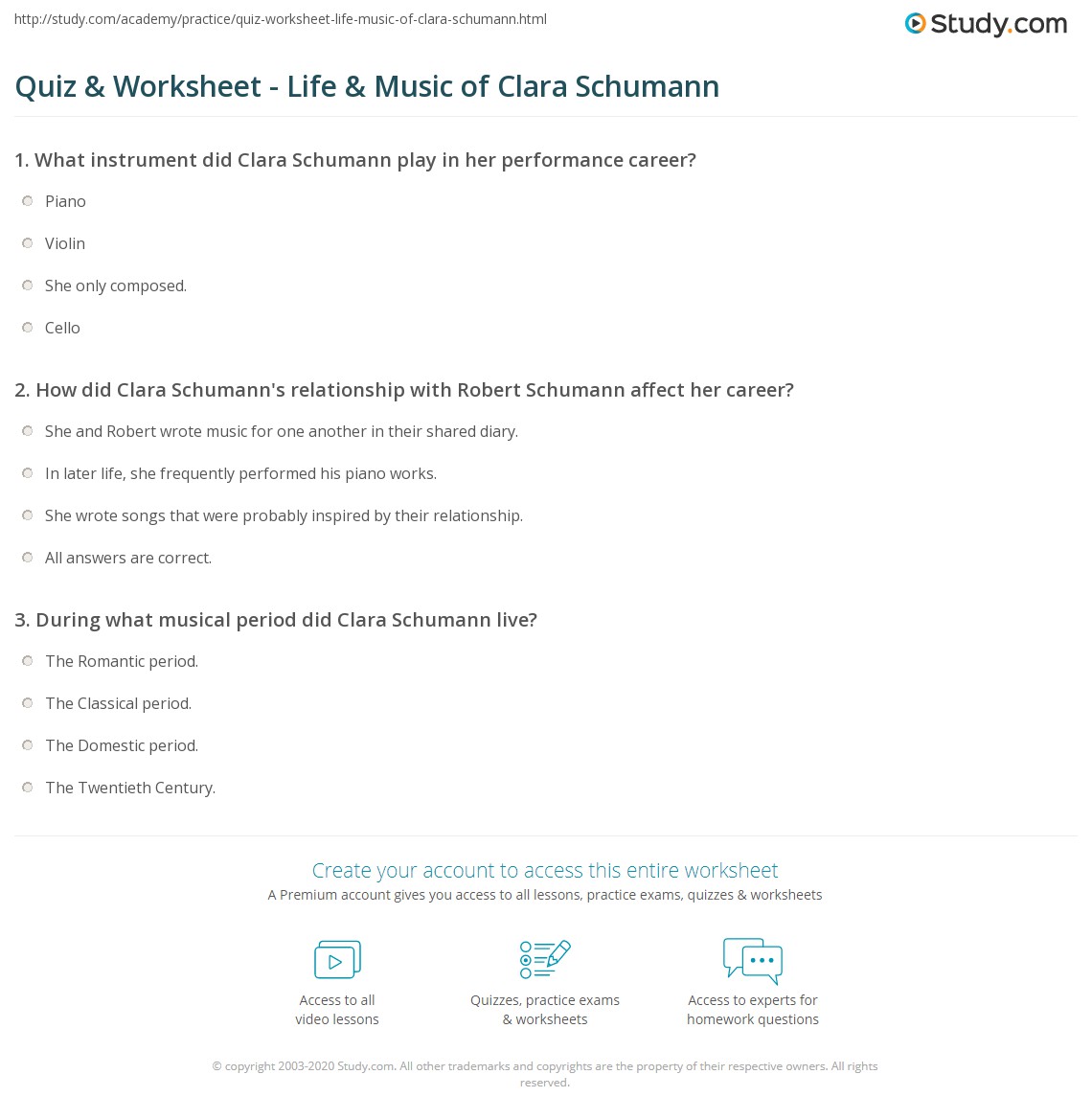 Quiz & Worksheet - Life & Music of Clara Schumann | Study.com