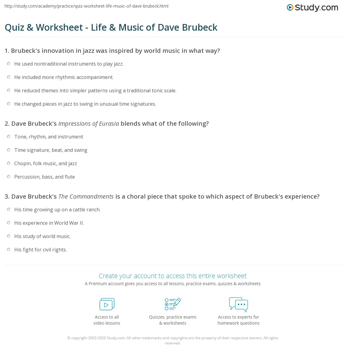 Quiz & Worksheet - Life & Music of Dave Brubeck | Study.com
