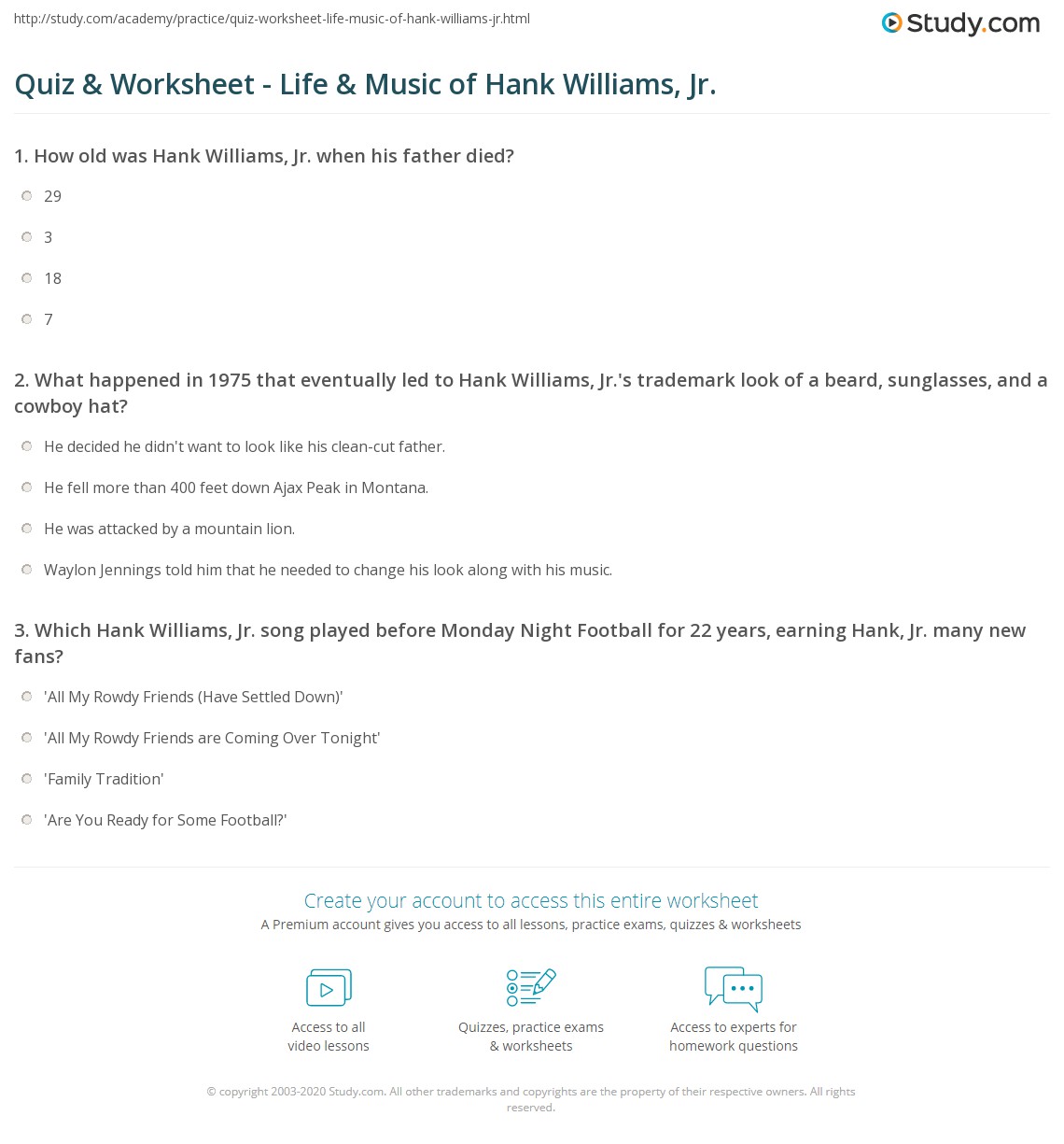 Quiz & Worksheet - Life & Music of Hank Williams, Jr. | Study.com