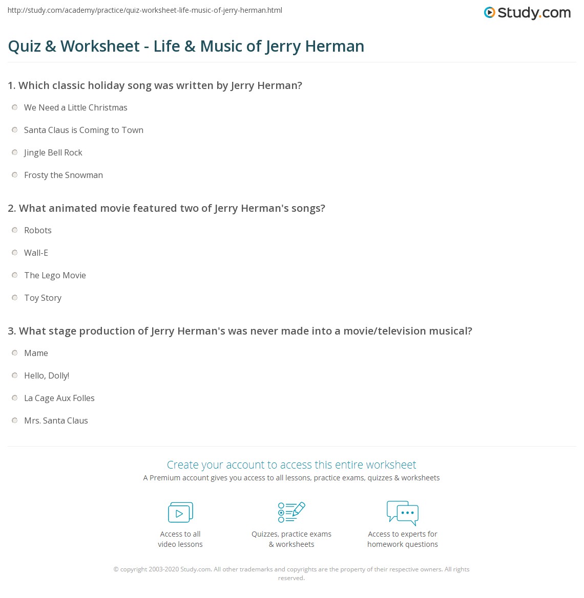 Quiz & Worksheet - Life & Music of Jerry Herman | Study.com