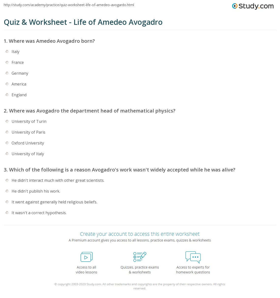 Quiz & Worksheet - Life of Amedeo Avogadro | Study.com
