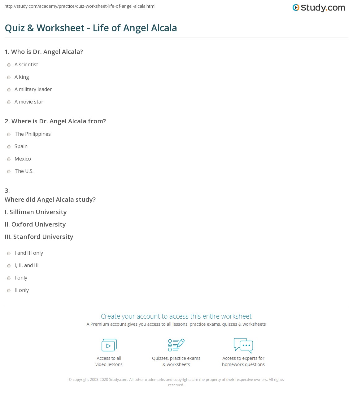 Quiz & Worksheet - Life of Angel Alcala | Study.com