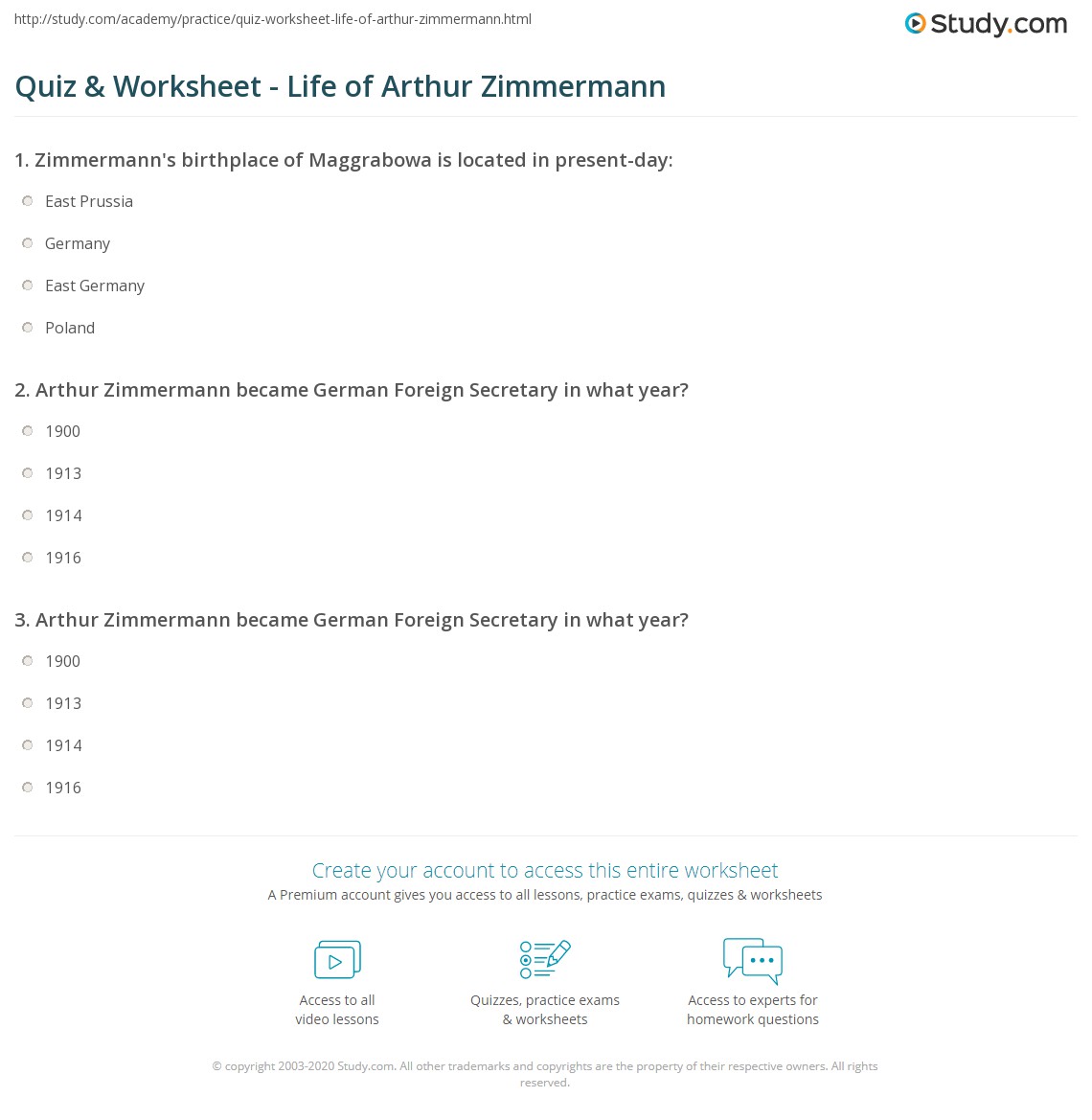 Quiz & Worksheet - Life of Arthur Zimmermann | Study.com