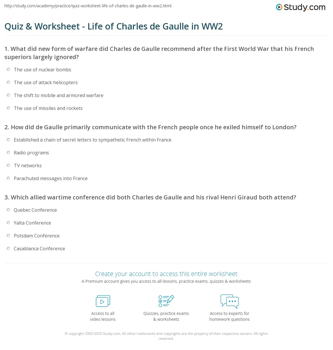 Quiz & Worksheet - Life of Charles de Gaulle in WW2 | Study.com