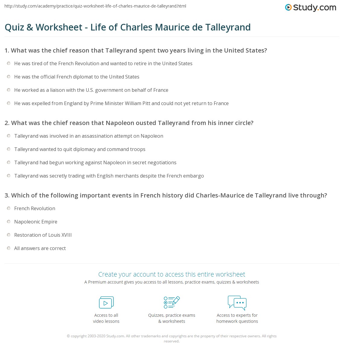 Quiz & Worksheet - Life of Charles Maurice de Talleyrand | Study.com