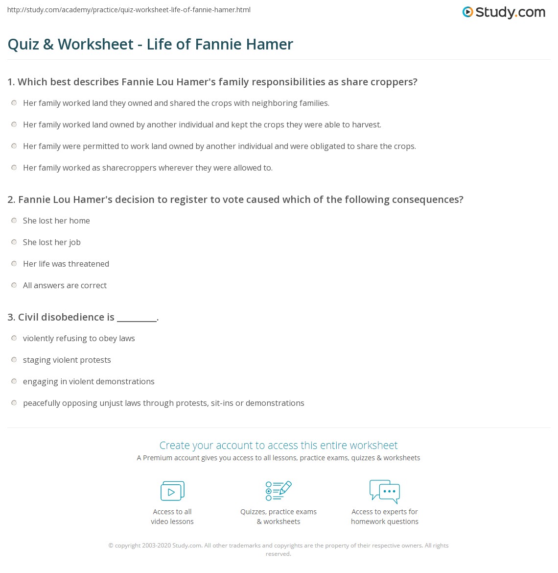 Quiz & Worksheet - Life of Fannie Hamer | Study.com