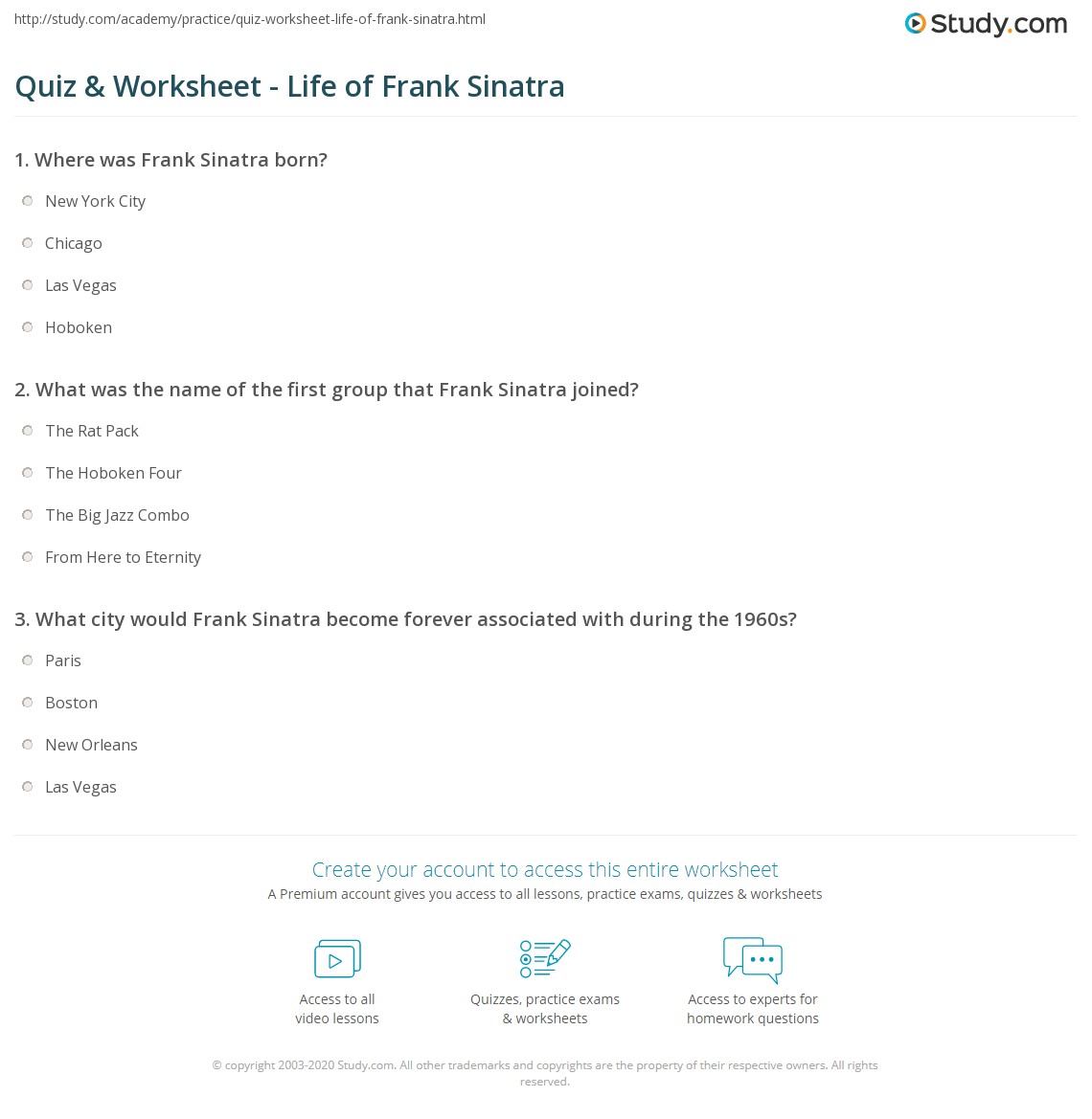 Quiz & Worksheet - Life of Frank Sinatra | Study.com