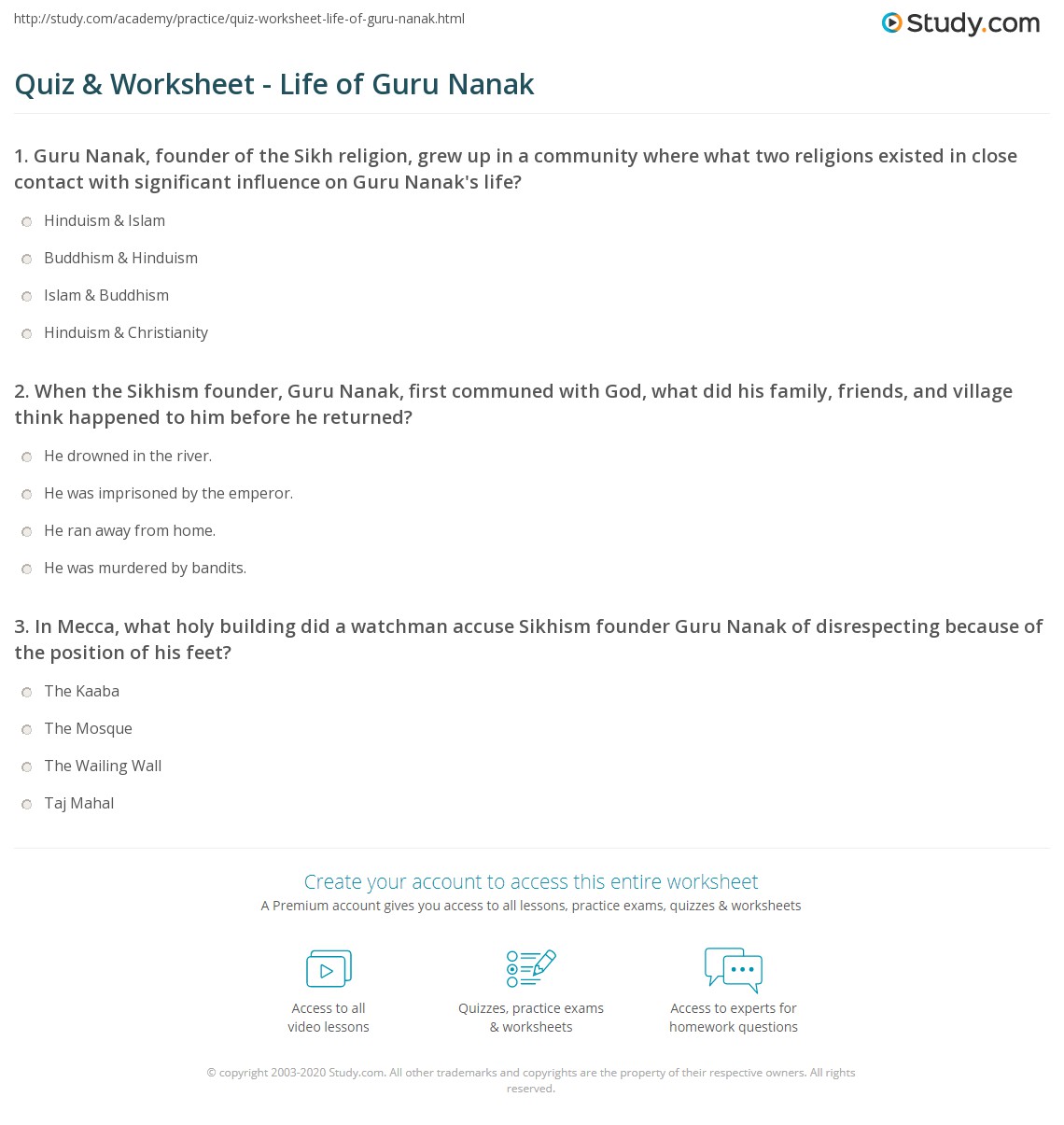 Quiz & Worksheet - Life of Guru Nanak | Study.com