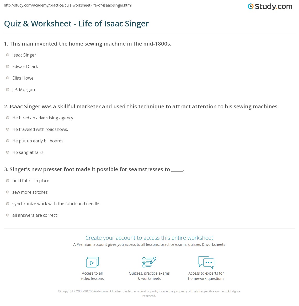 Quiz & Worksheet - Life of Isaac Singer | Study.com