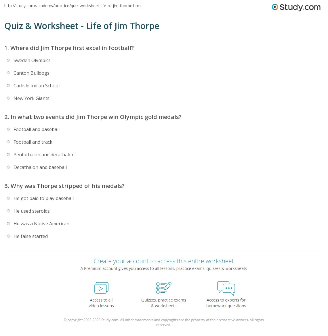 Quiz & Worksheet - Life of Jim Thorpe | Study.com