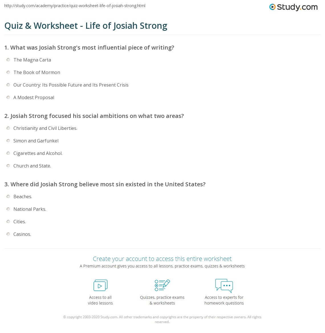 Quiz & Worksheet - Life of Josiah Strong | Study.com