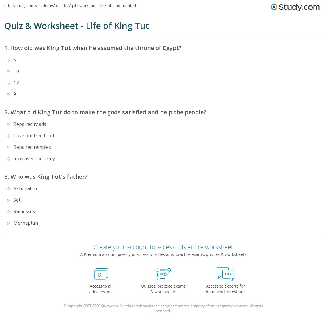 Quiz & Worksheet - Life of King Tut | Study.com