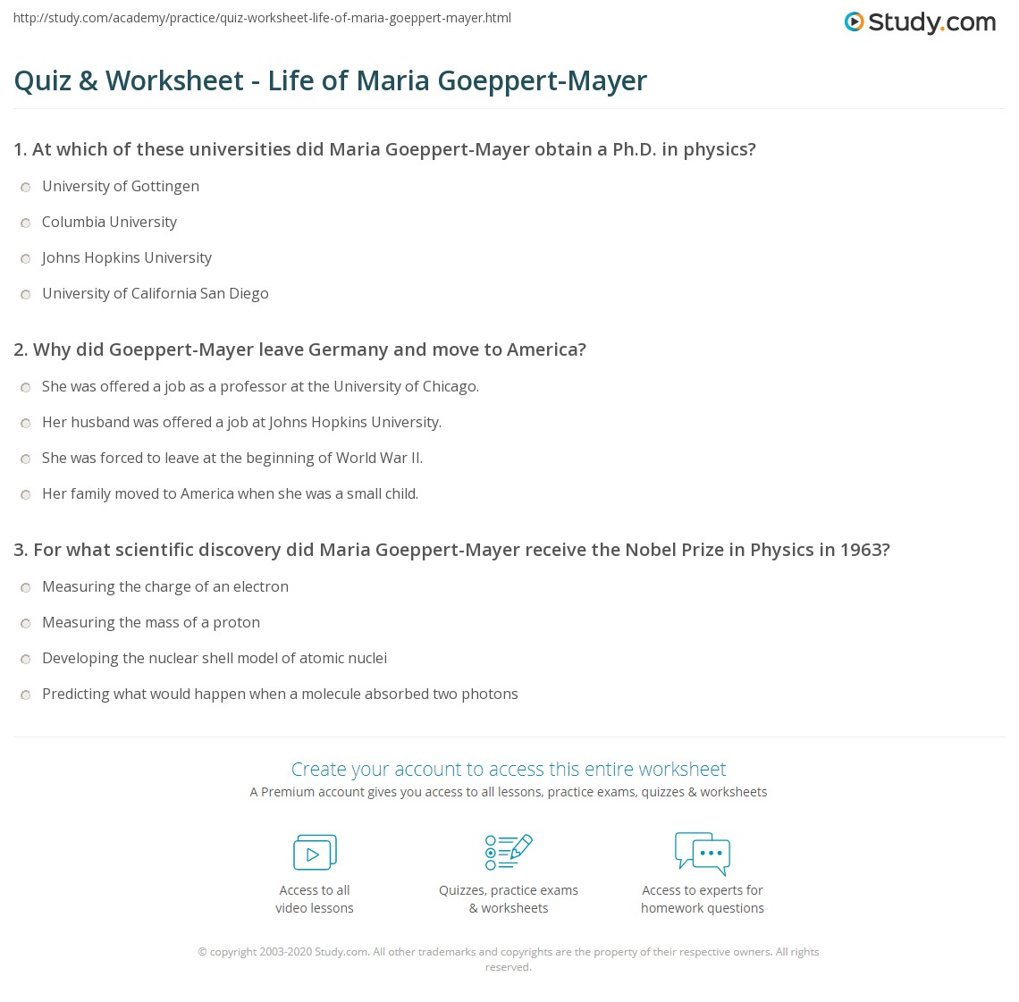 Quiz & Worksheet - Life of Maria Goeppert-Mayer | Study.com