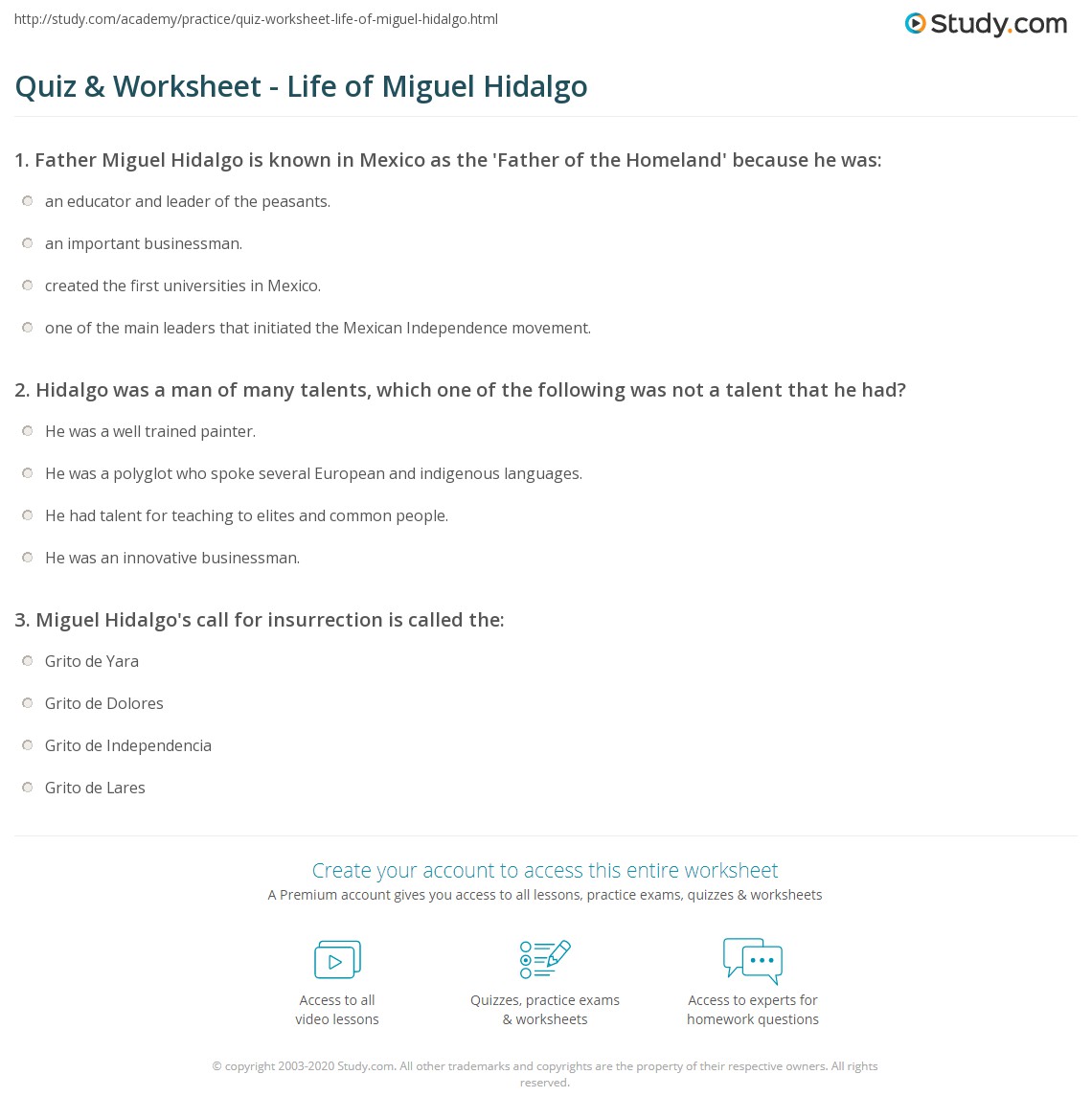 Quiz & Worksheet - Life of Miguel Hidalgo | Study.com