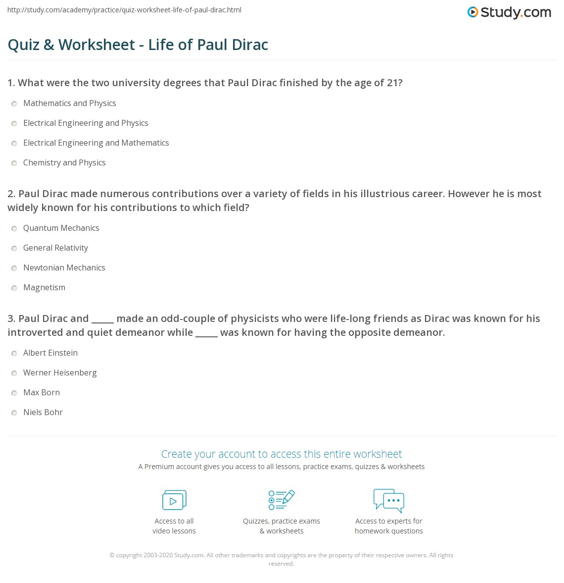 Quiz & Worksheet - Life of Paul Dirac | Study.com