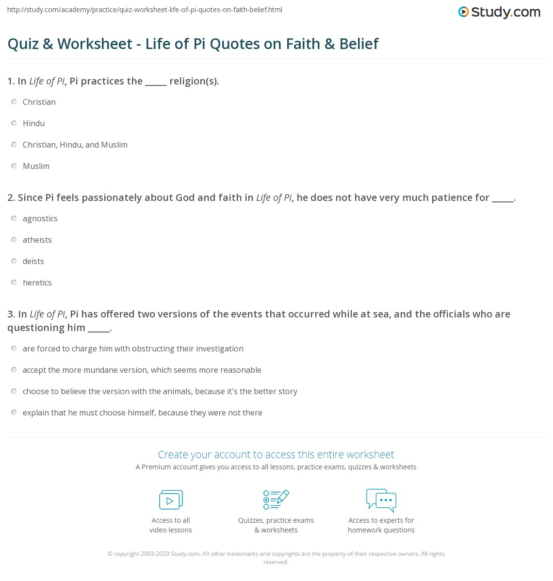 Quiz & Worksheet - Life of Pi Quotes on Faith & Belief | Study.com
