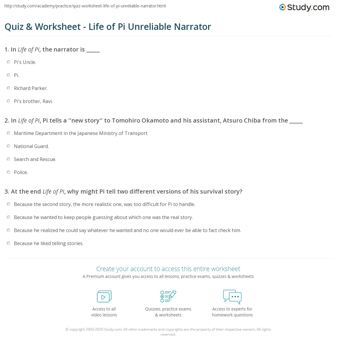 Quiz & Worksheet - Life of Pi Unreliable Narrator | Study.com