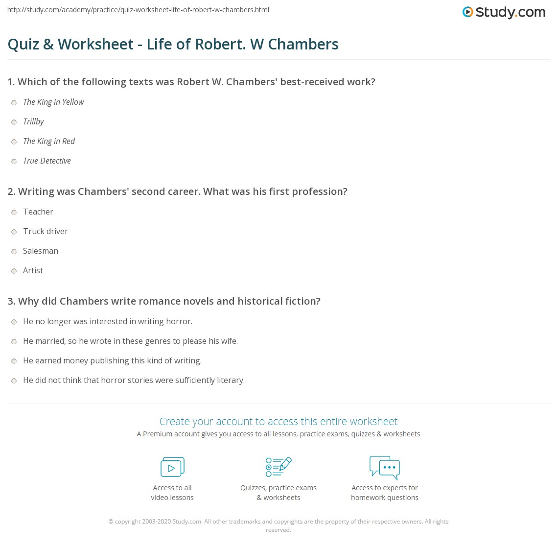 Quiz & Worksheet - Life of Robert. W Chambers | Study.com