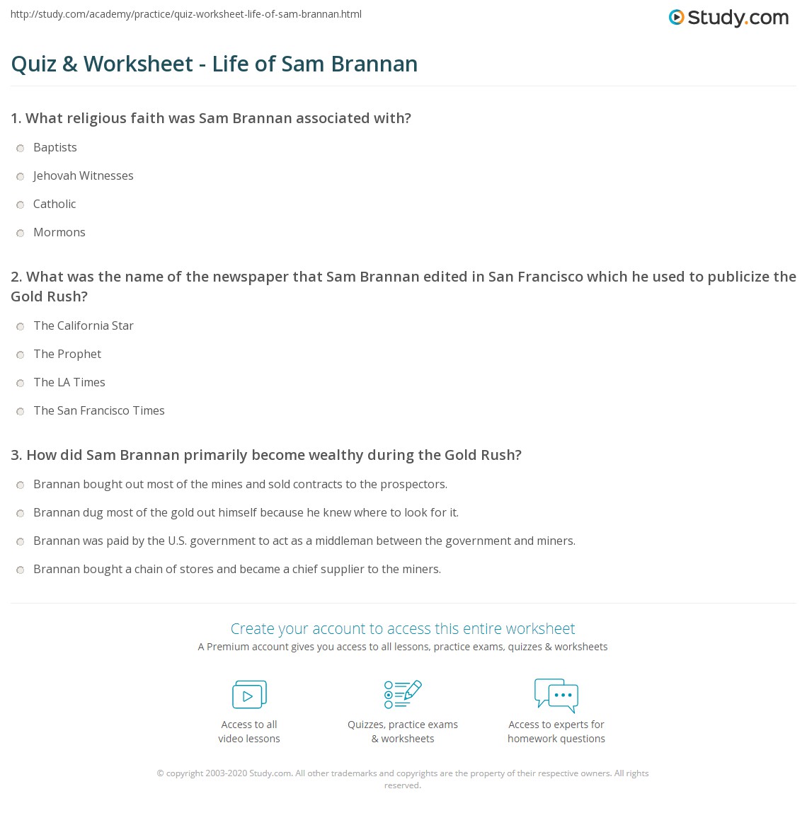 Quiz & Worksheet - Life of Sam Brannan | Study.com