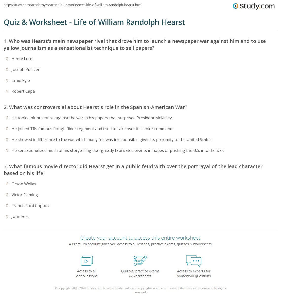 Quiz & Worksheet - Life of William Randolph Hearst | Study.com