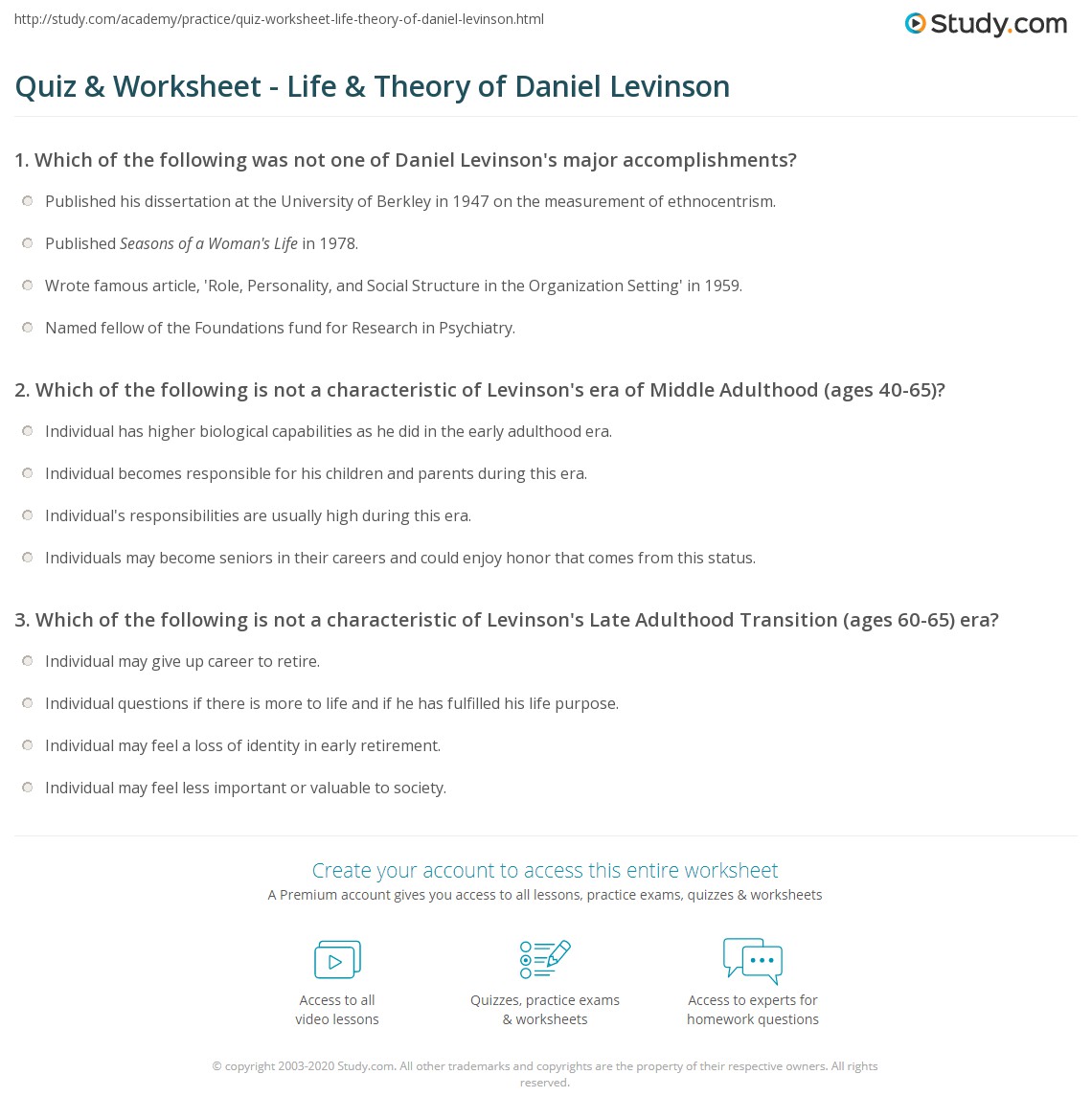 Quiz & Worksheet - Life & Theory of Daniel Levinson | Study.com