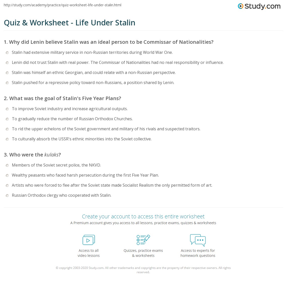 Quiz & Worksheet - Life Under Stalin | Study.com