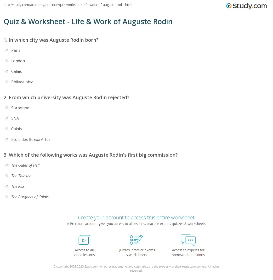 Quiz & Worksheet - Life & Work of Auguste Rodin | Study.com