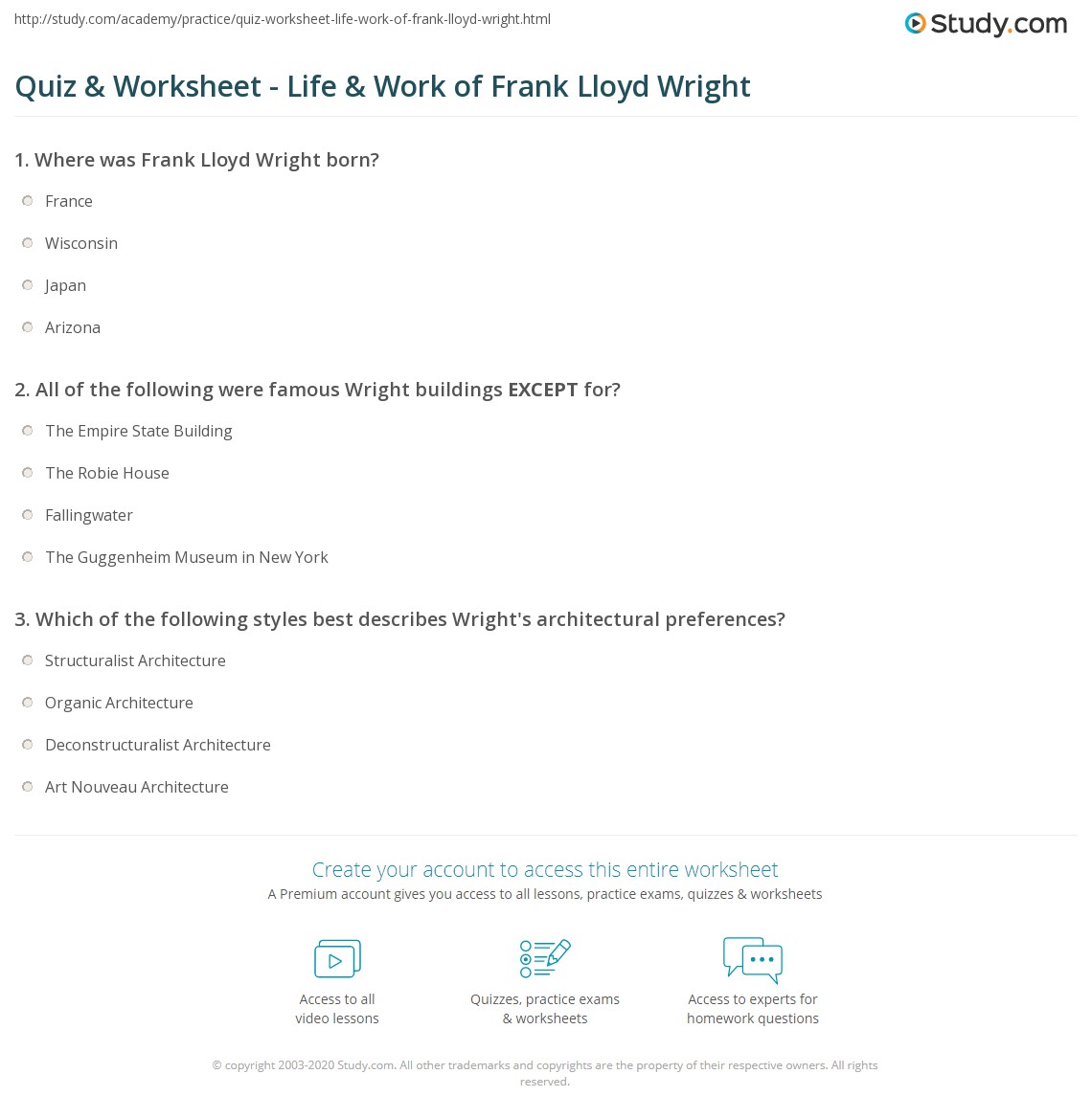Quiz & Worksheet - Life & Work of Frank Lloyd Wright | Study.com