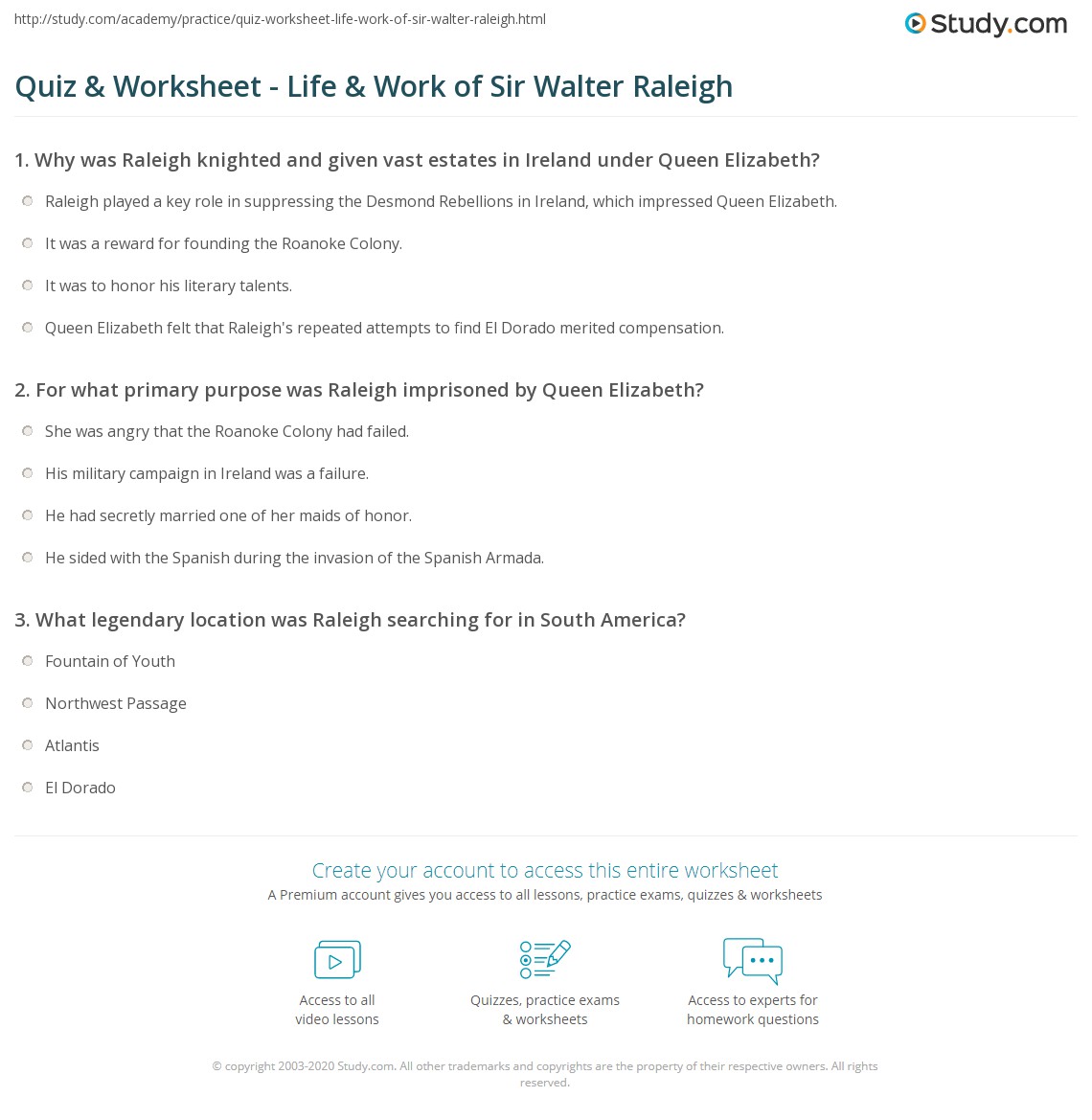 Quiz & Worksheet - Life & Work of Sir Walter Raleigh | Study.com