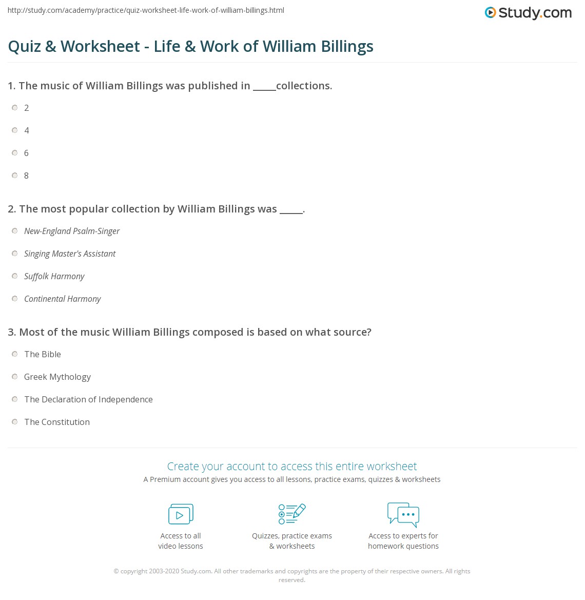 Quiz & Worksheet - Life & Work of William Billings | Study.com