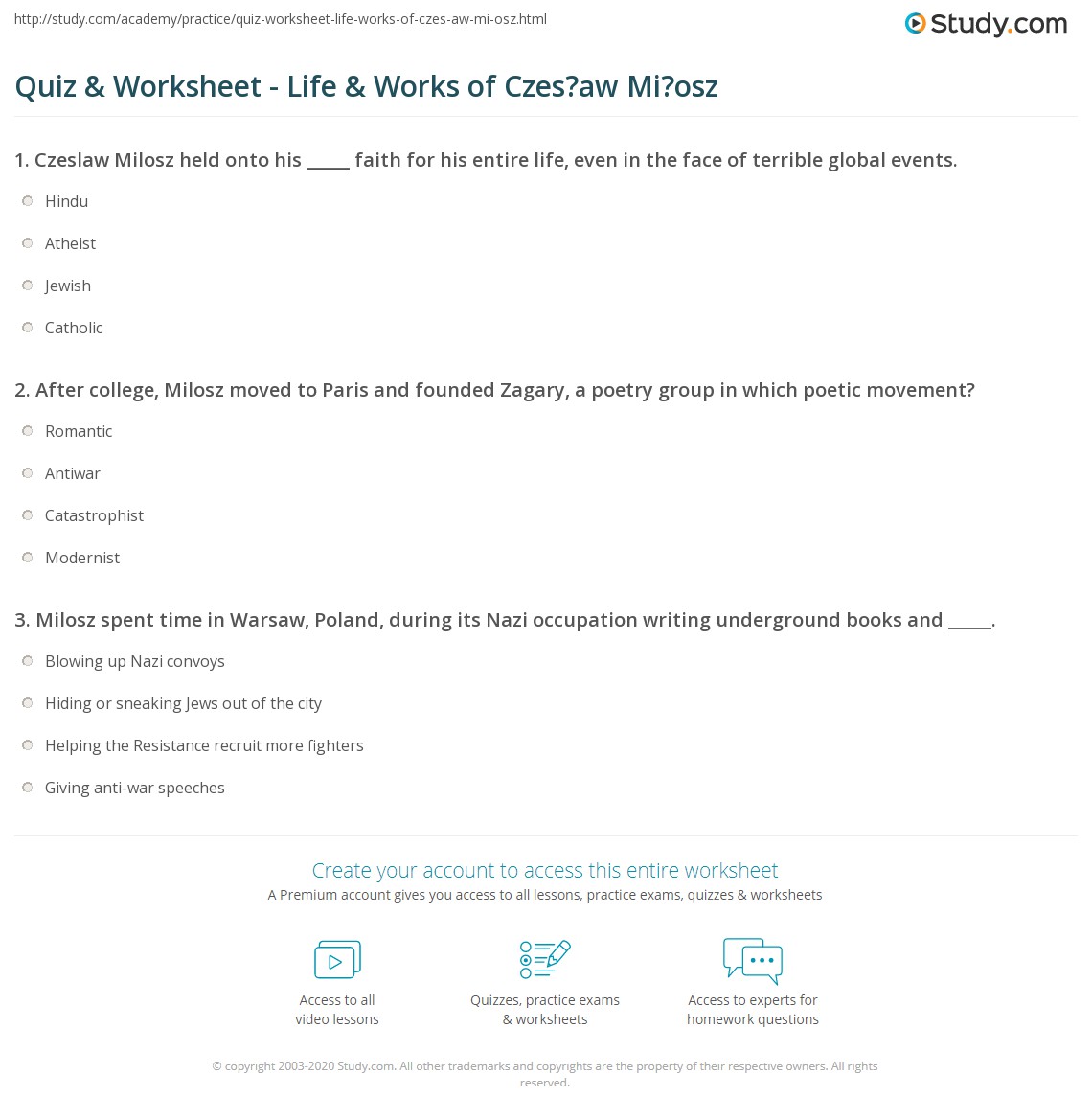 Quiz & Worksheet - Life & Works of Czes?aw Mi?osz | Study.com