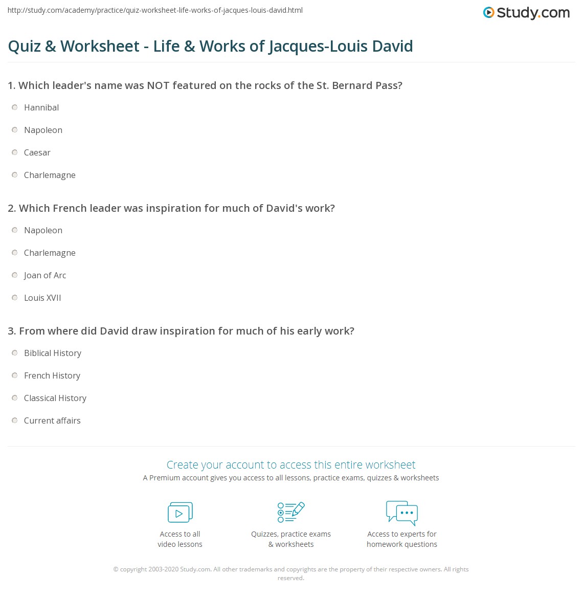 Quiz & Worksheet - Life & Works of Jacques-Louis David | Study.com