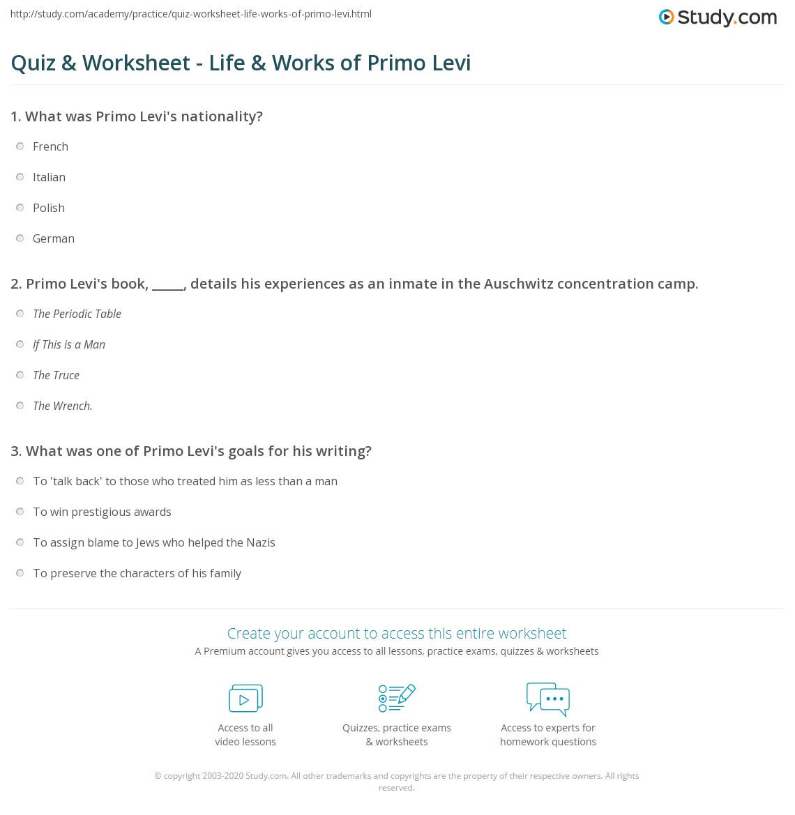 Quiz & Worksheet - Life & Works of Primo Levi | Study.com