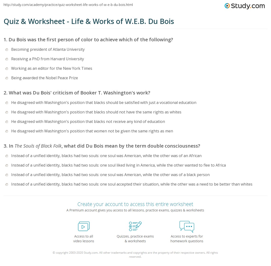 Quiz & Worksheet - Life & Works of W.E.B. Du Bois | Study.com