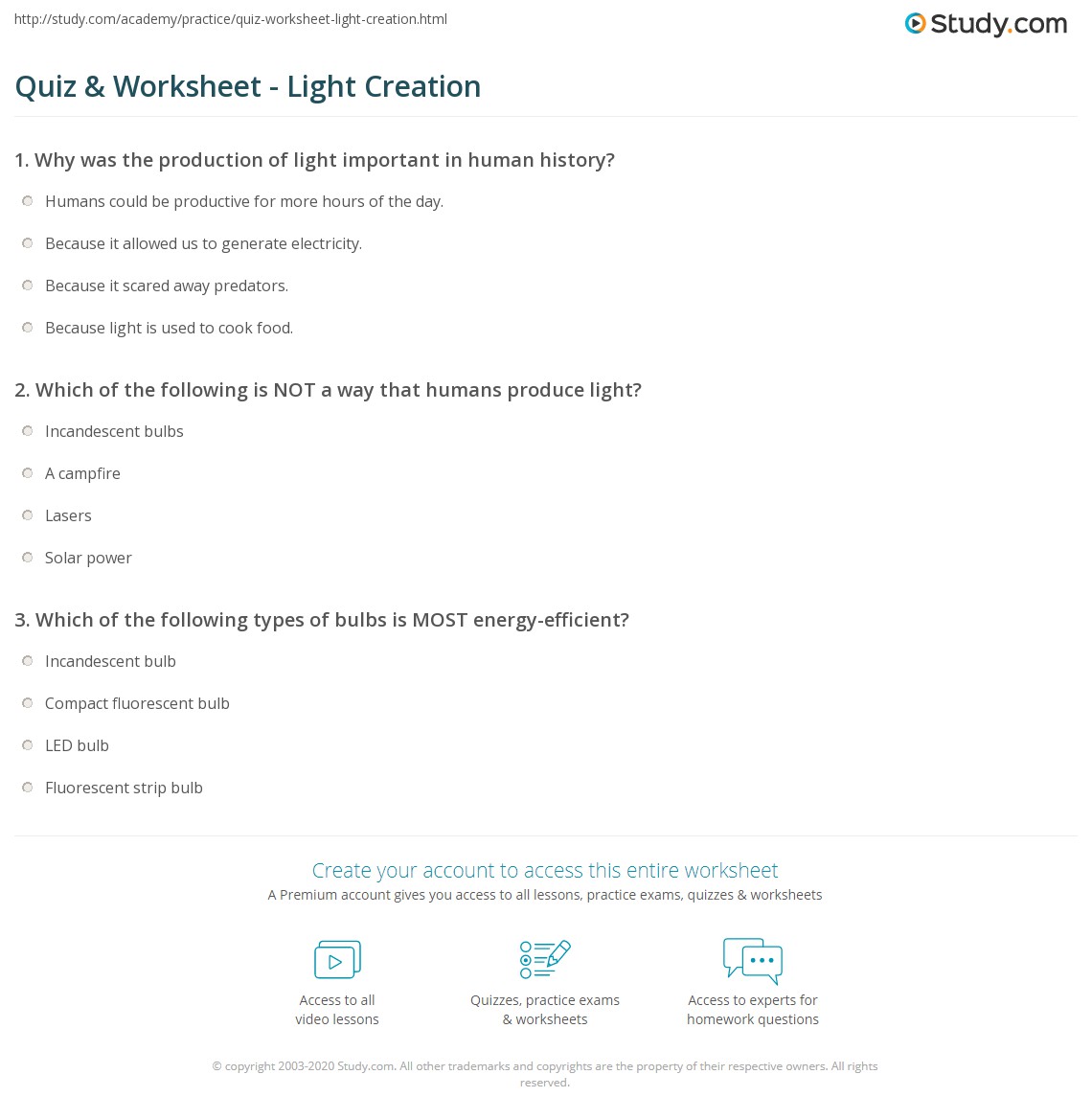 Quiz & Worksheet - Light Creation | Study.com