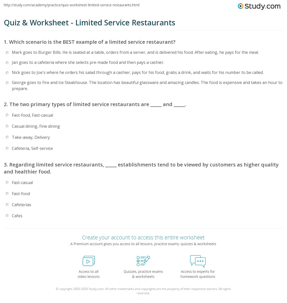 Quiz & Worksheet - Limited Service Restaurants | Study.com
