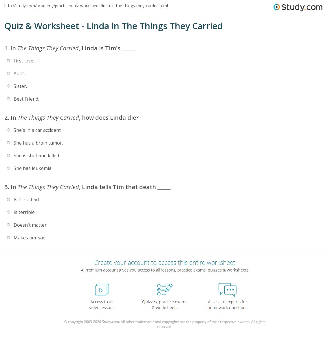 Quiz & Worksheet - Linda in The Things They Carried | Study.com