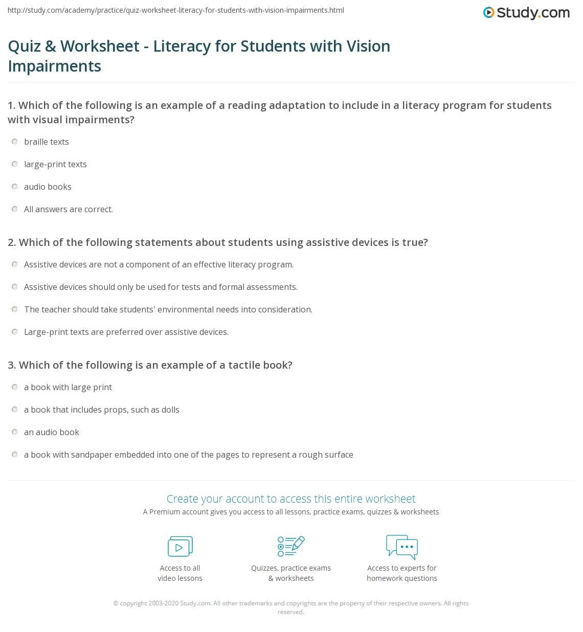 Quiz & Worksheet - Literacy for Students with Vision Impairments ...