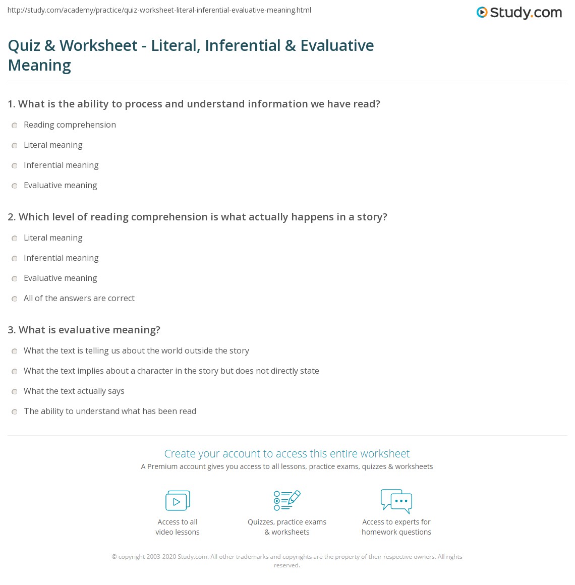 Quiz Worksheet Literal Inferential Evaluative Meaning Study Quiz Worksheet Literal Inferential Evaluative Meaning Study
