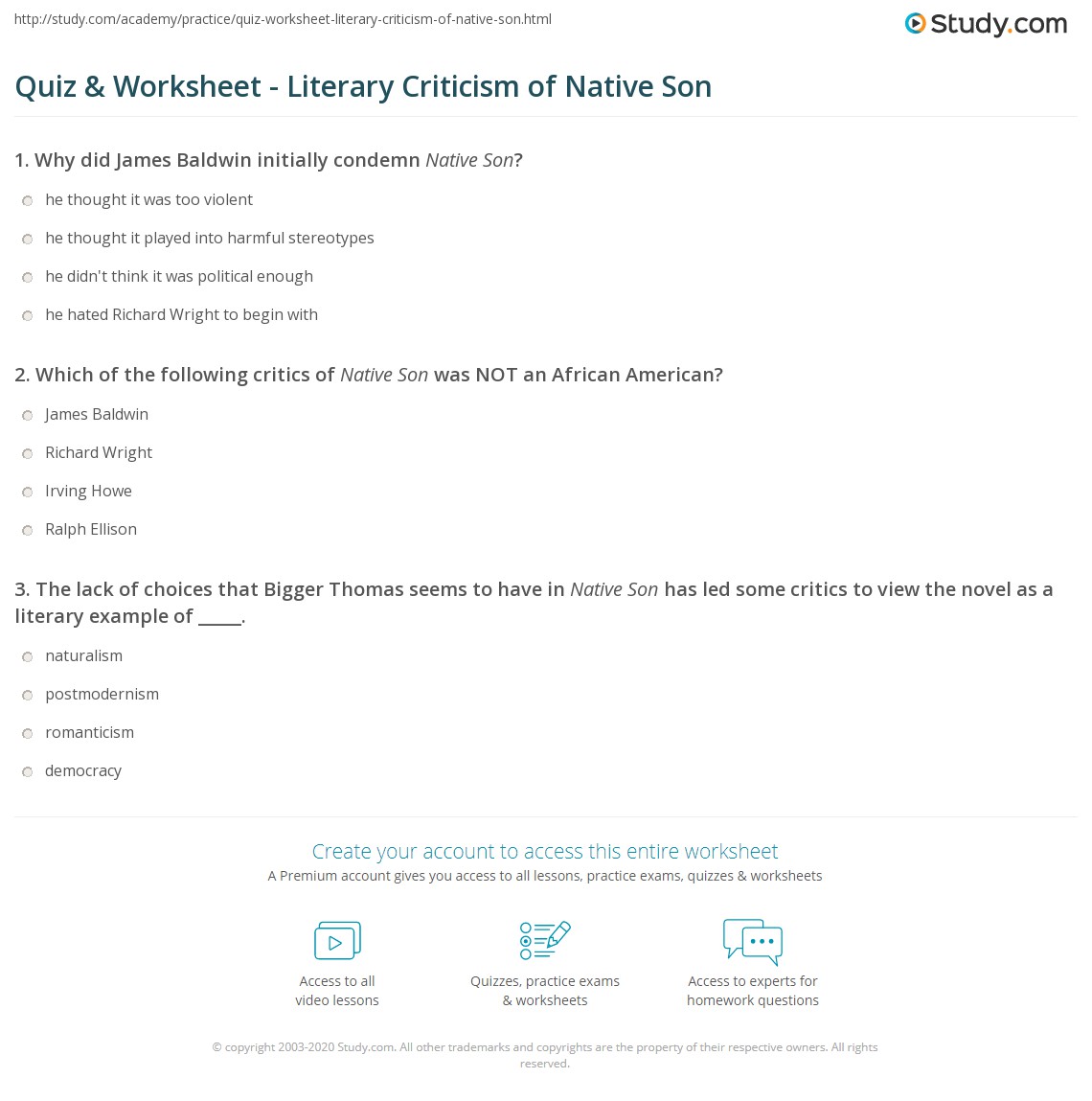 Quiz & Worksheet - Literary Criticism of Native Son | Study.com