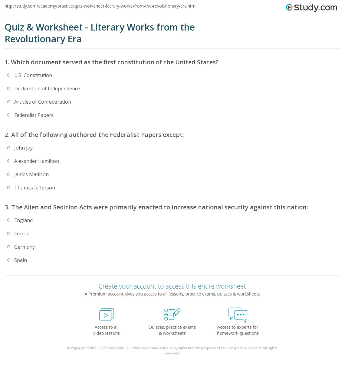 Quiz & Worksheet - Literary Works from the Revolutionary Era | Study.com