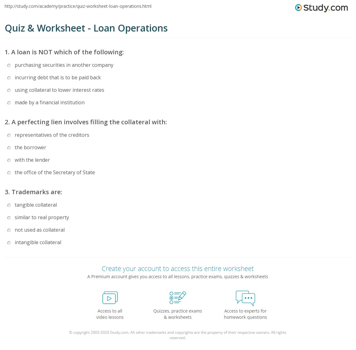 Quiz & Worksheet - Loan Operations | Study.com