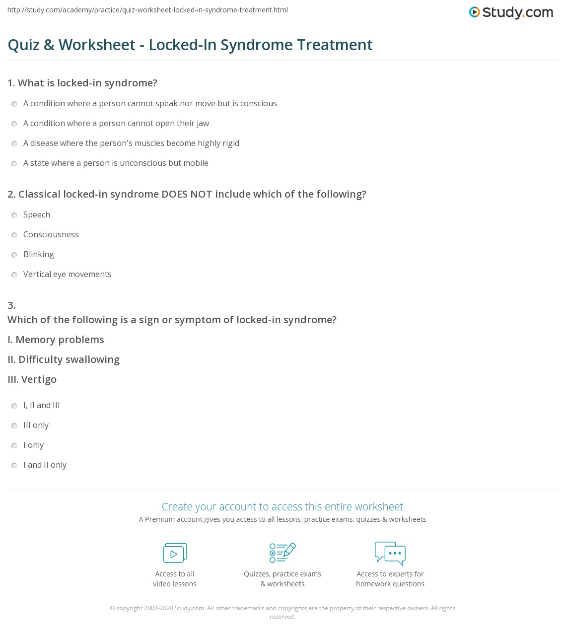 Quiz & Worksheet - Locked-In Syndrome Treatment | Study.com