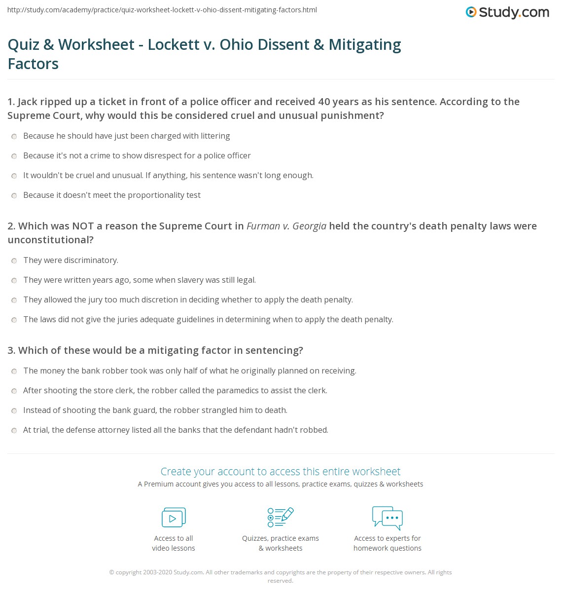 Quiz & Worksheet - Lockett v. Ohio Dissent & Mitigating Factors | Study.com
