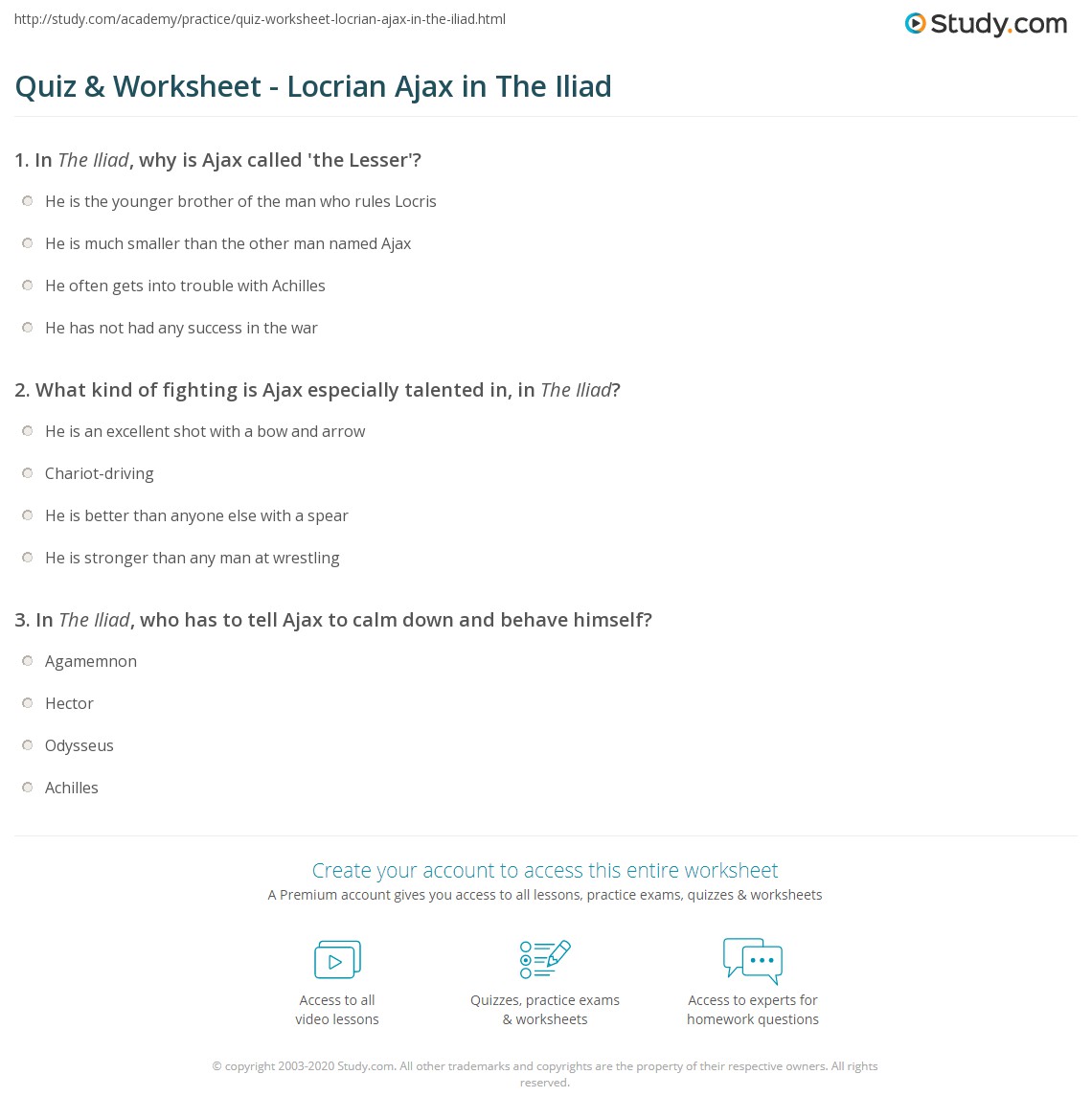 Quiz & Worksheet - Locrian Ajax in The Iliad | Study.com