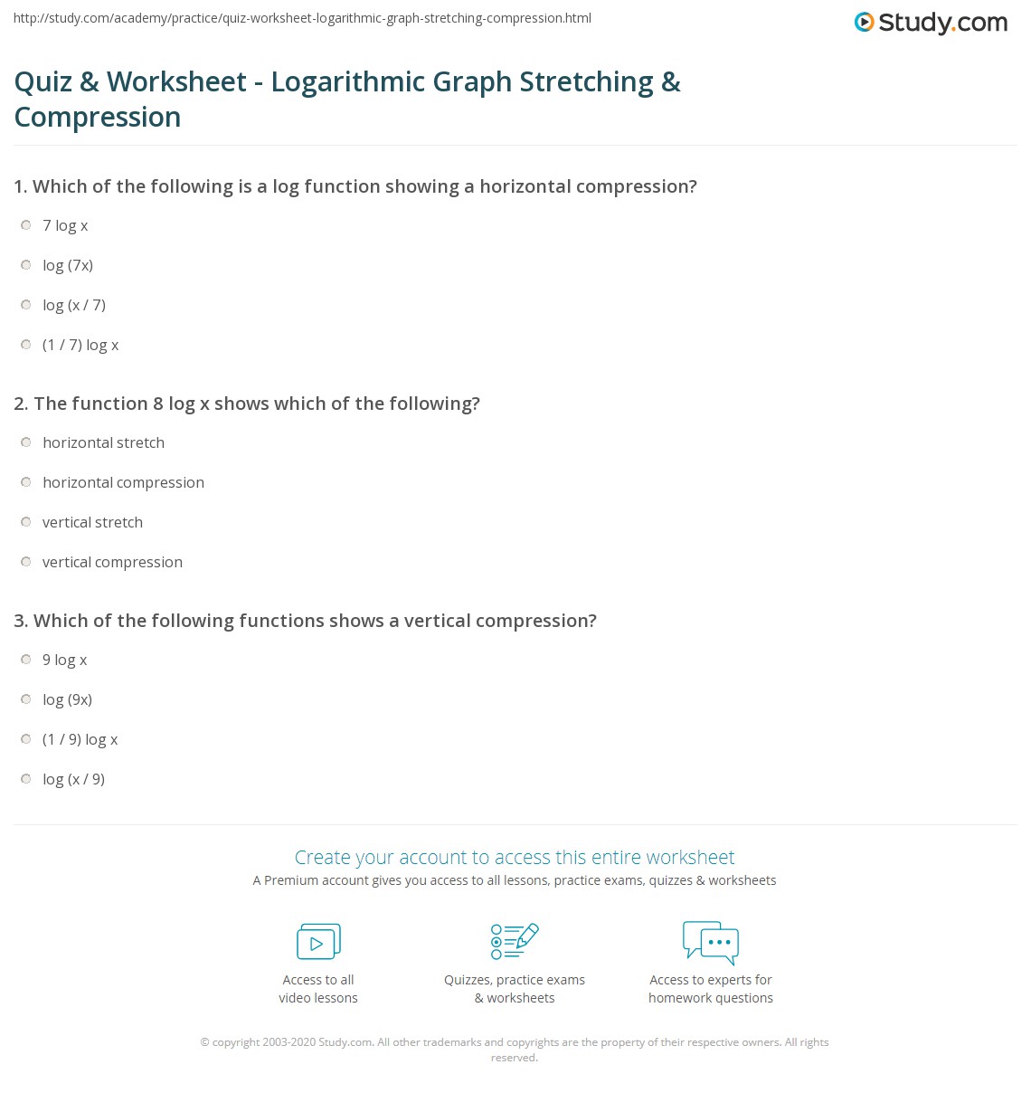Quiz & Worksheet - Logarithmic Graph Stretching & Compression | Study.com