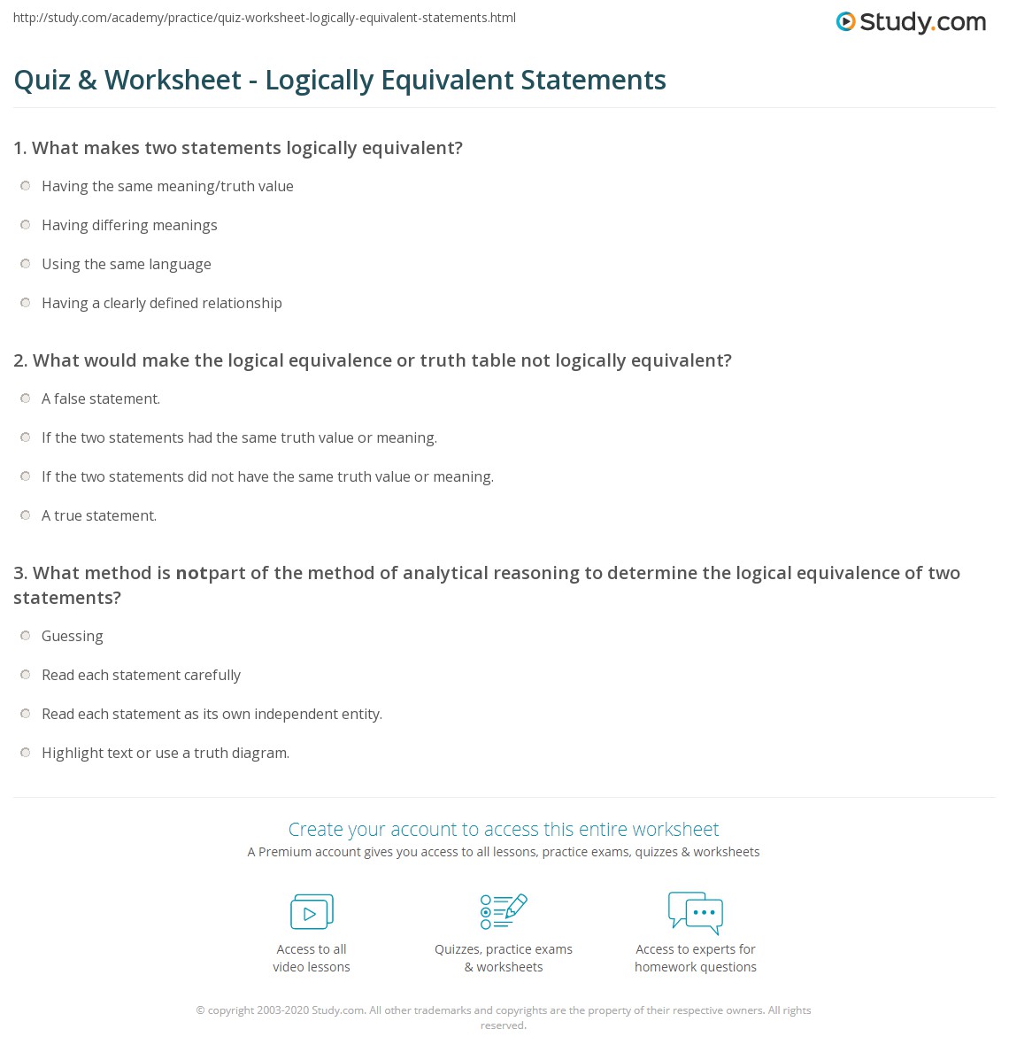 Quiz Worksheet Logically Equivalent Statements Study