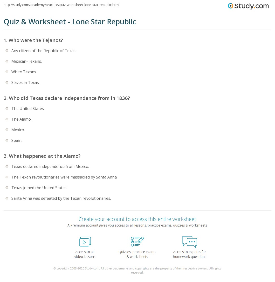 Quiz & Worksheet - Lone Star Republic | Study.com